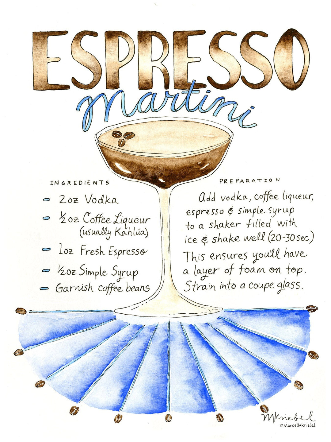 Espresso Martini Cocktail Recipe Watercolor Art Print